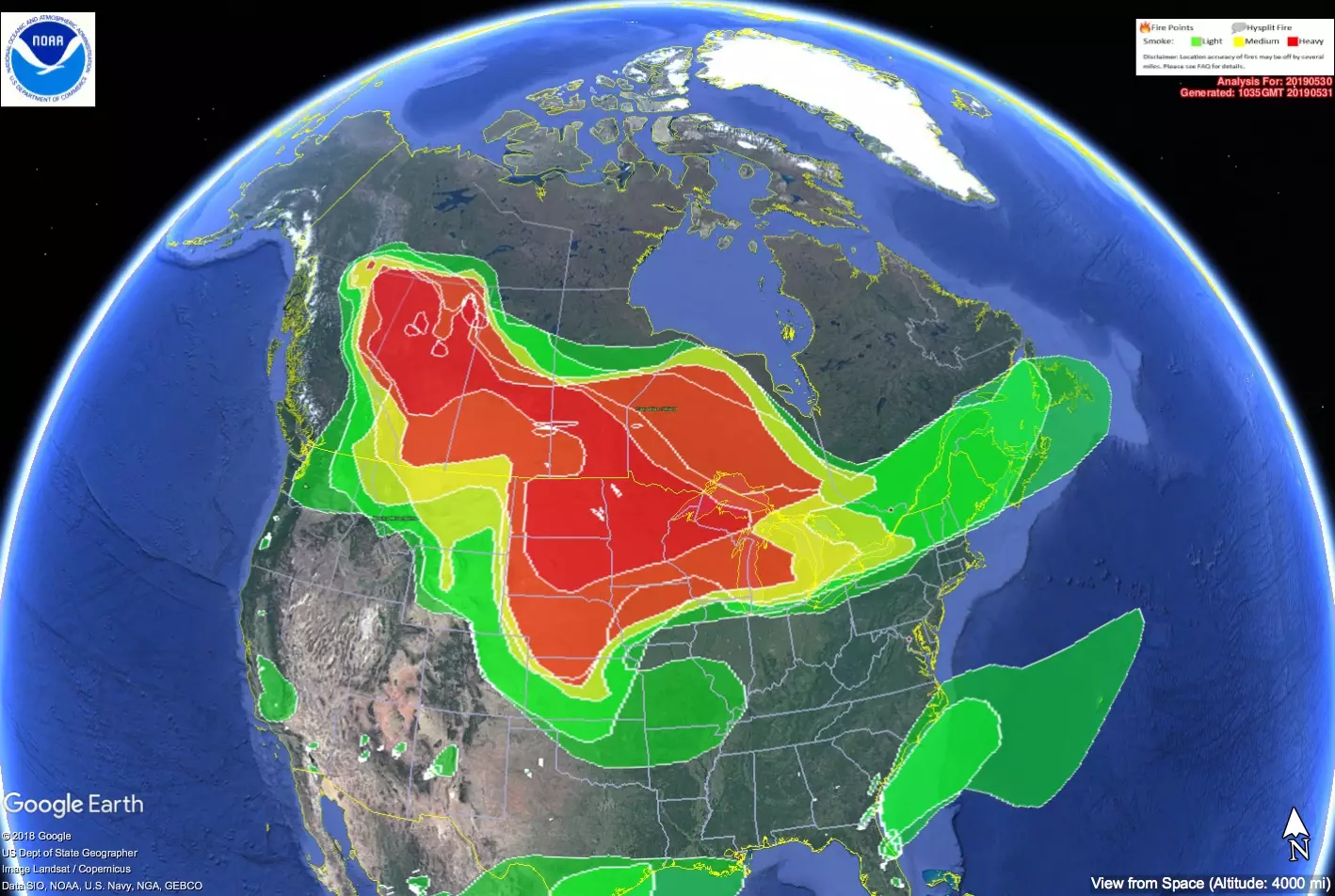 Rauch vu kanadesche Wildfires Deckt elo Millioune Quadratkilometer an ass siichtbar vun enger Millioun Meilen ewech